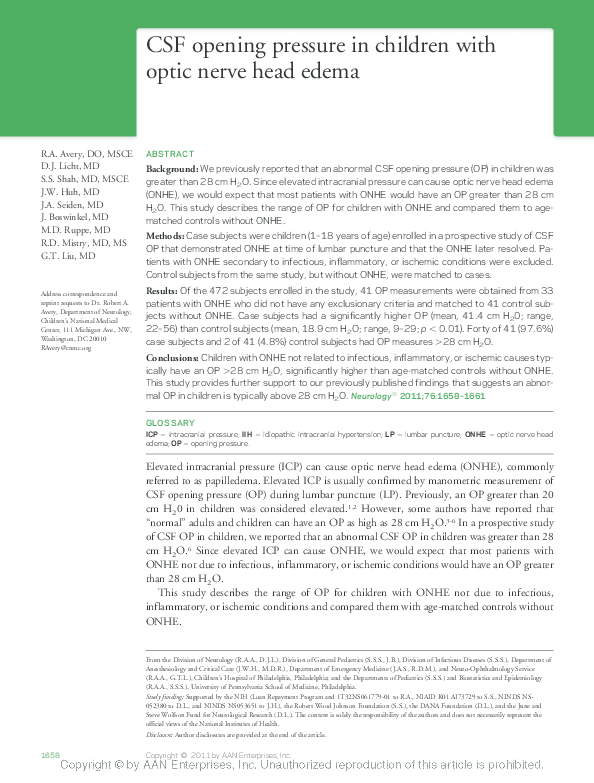 (PDF) CSF opening pressure in children with optic nerve head edema