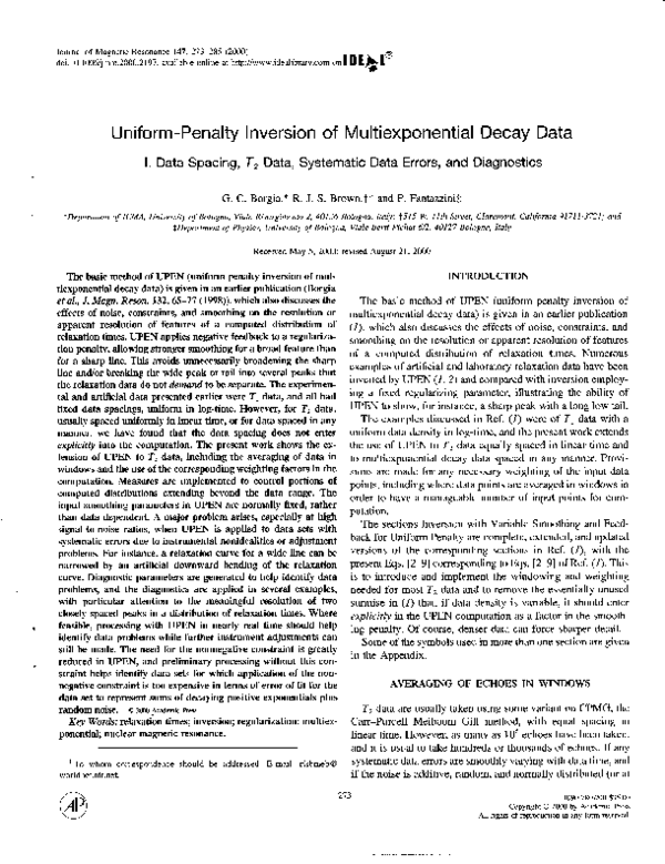 (PDF) Uniform-Penalty Inversion of Multiexponential Decay Data
