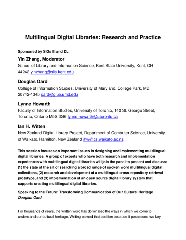 (PDF) Multilingual digital libraries: Research and practice