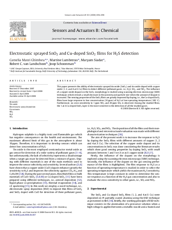 (PDF) Electrostatic sprayed SnO2 and Cu-doped SnO2 films for H2S detection
