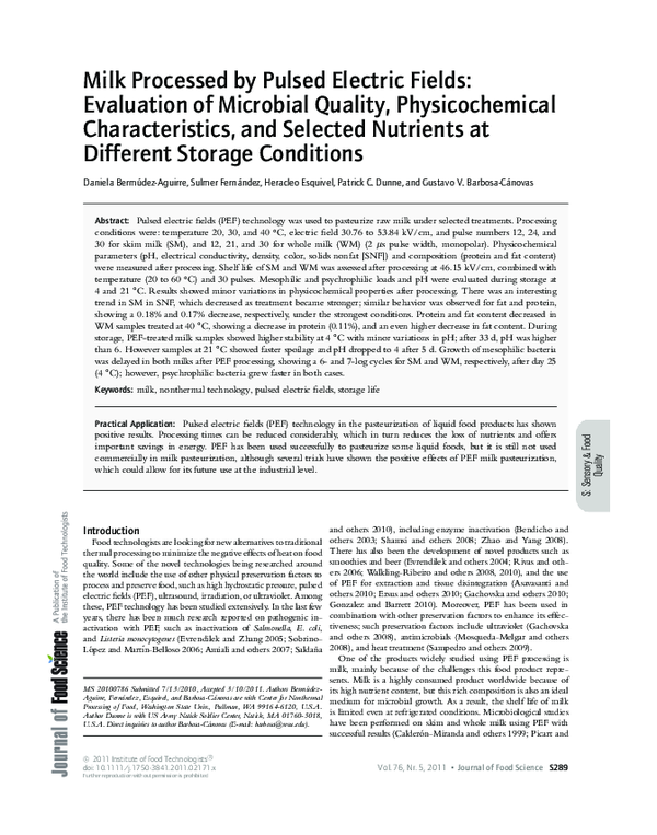 (PDF) Milk Processed by Pulsed Electric Fields: Evaluation of Microbial ...