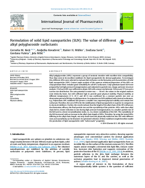 Pdf Formulation Of Solid Lipid Nanoparticles Sln The Value Of Different Alkyl Polyglucoside