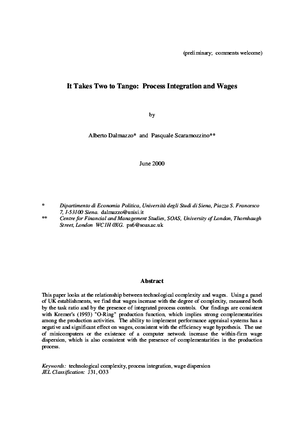 (PDF) It takes two to tango: process integration and wages