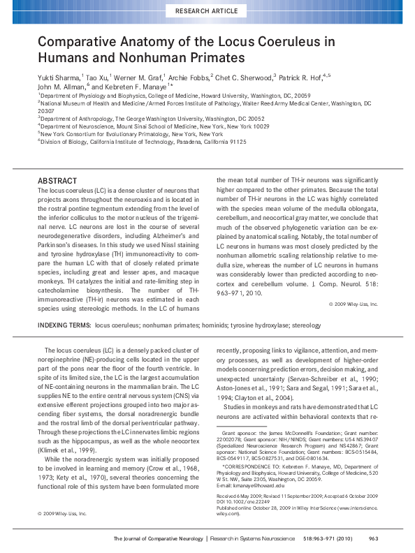 (PDF) Comparative anatomy of the locus coeruleus in humans and nonhuman ...