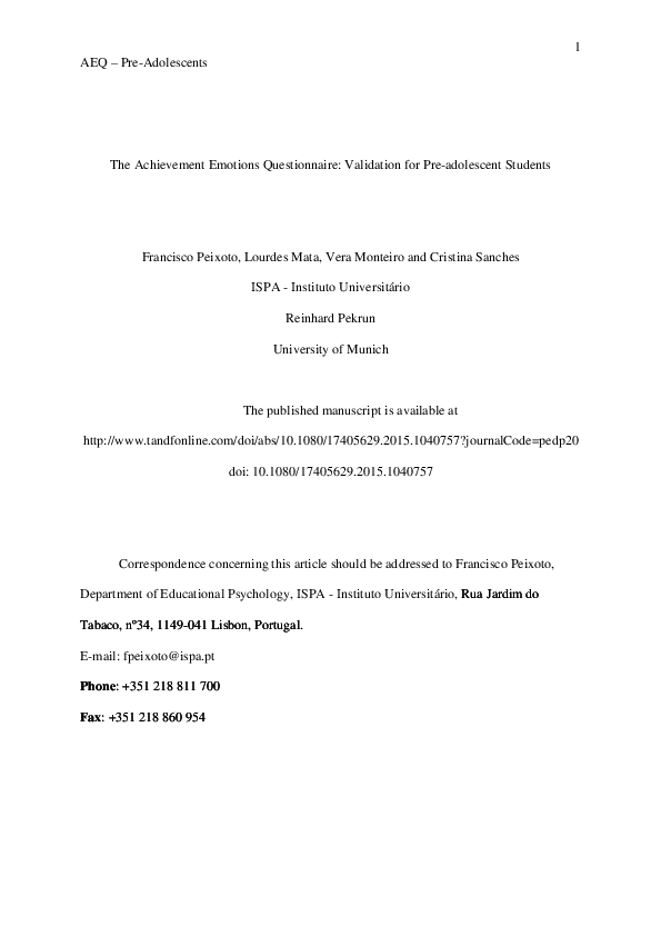 (PDF) The Achievement Emotions Questionnaire: Validation for Pre ...