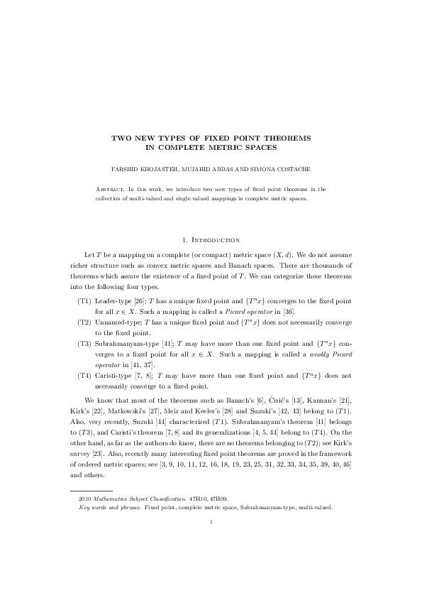 Pdf Two New Types Of Fixed Point Theorems In Complete Metric Spaces