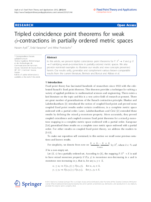 Pdf Tripled Coincidence Point Theorems For Weak φ Contractions In Partially Ordered Metric Spaces