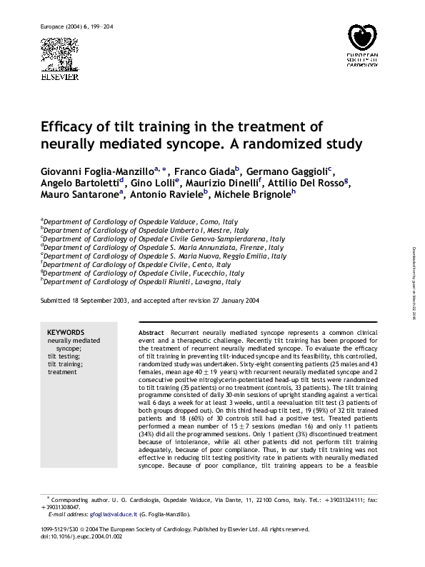 (PDF) Efficacy of tilt training in the treatment of neurally mediated ...