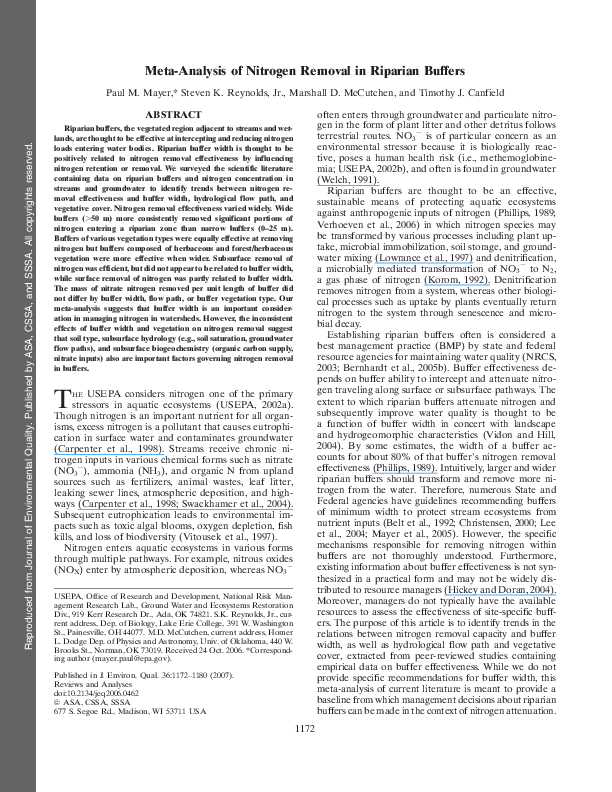 (PDF) Meta-Analysis of Nitrogen Removal in Riparian Buffers | Paul Mayer - Academia.edu