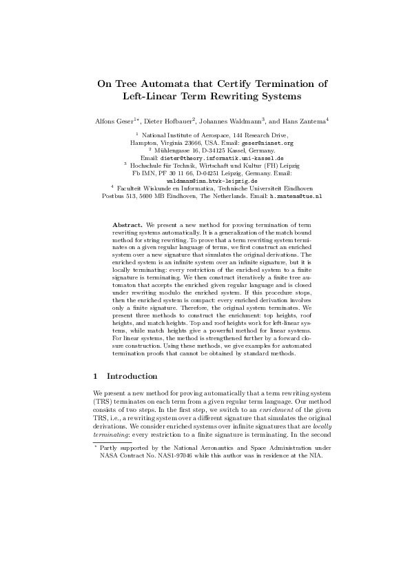 (PDF) On tree automata that certify termination of left-linear term rewriting systems
