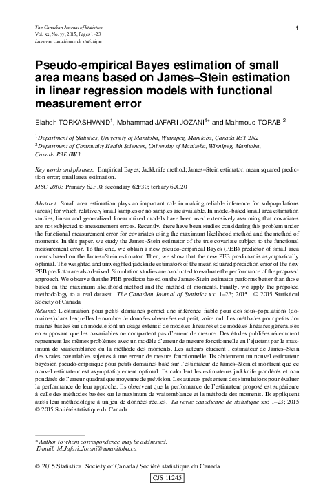 (PDF) Pseudo-empirical Bayes estimation of small area means under a nested error linear ...