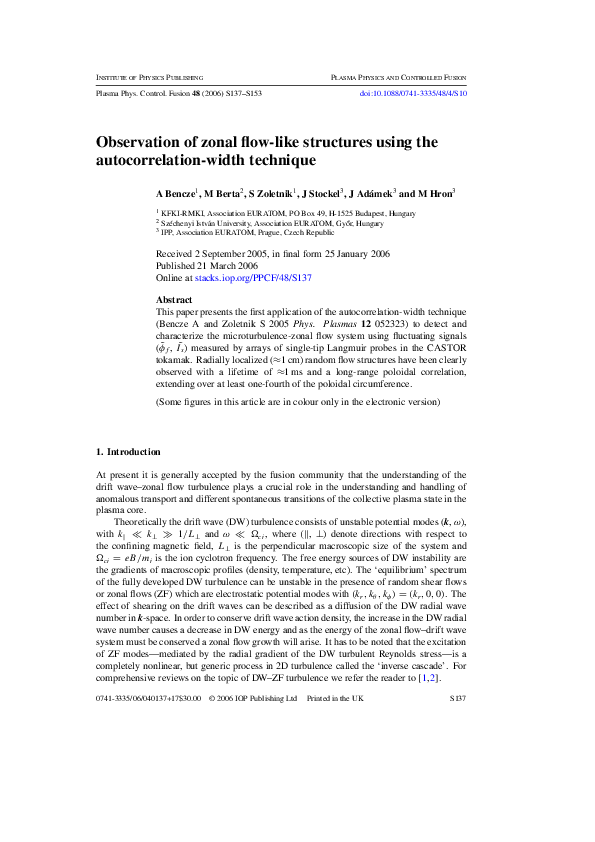 Pdf Observation Of Zonal Flow Like Structures Using The Autocorrelation Width Technique