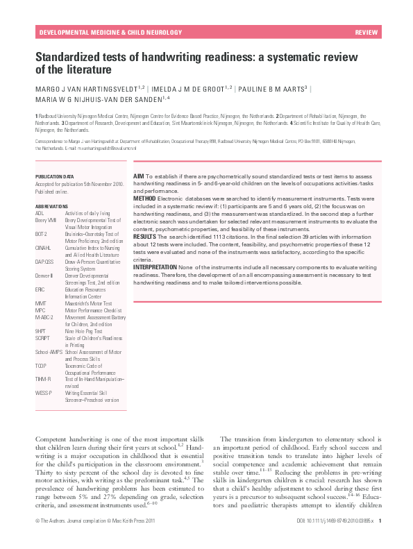 (PDF) Standardized tests of handwriting readiness: a systematic review ...