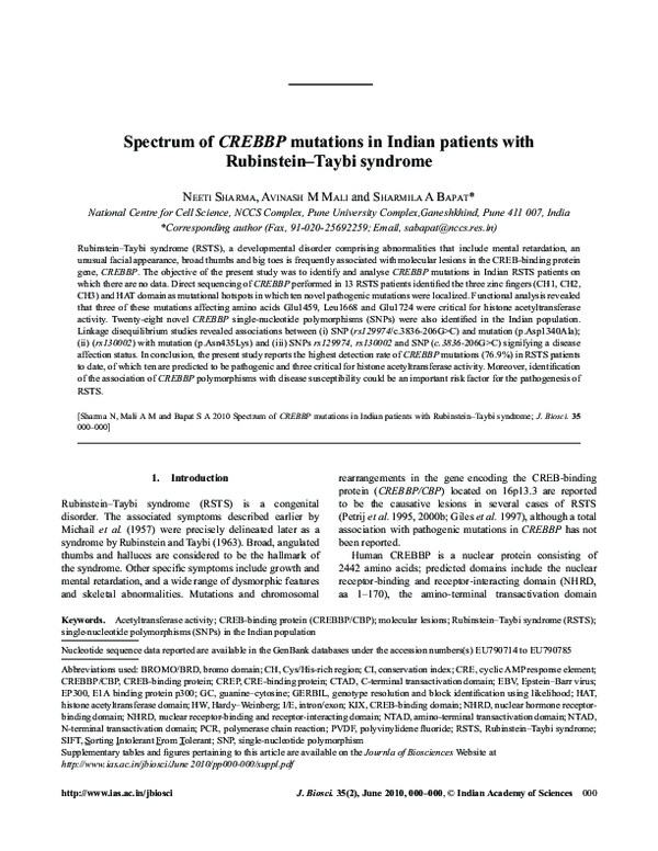 (PDF) Spectrum of CREBBP mutations in Indian patients with Rubinstein ...