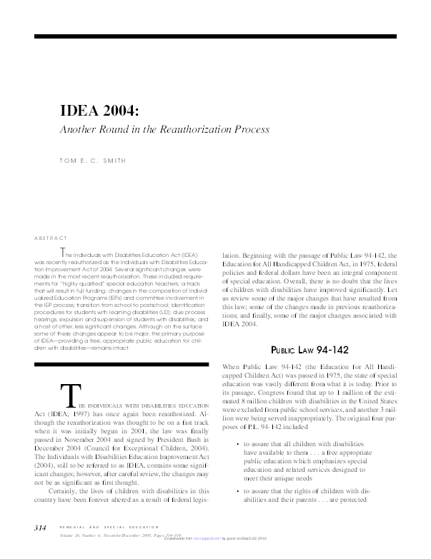 (PDF) Idea 2004: Another Round in the Reauthorization Process