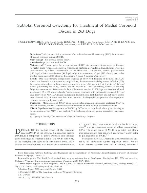 (PDF) Subtotal Coronoid Ostectomy for Treatment of Medial Coronoid ...