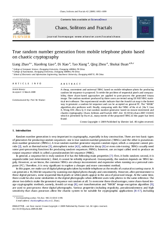 (PDF) True random number generation from mobile telephone photo based on chaotic cryptography