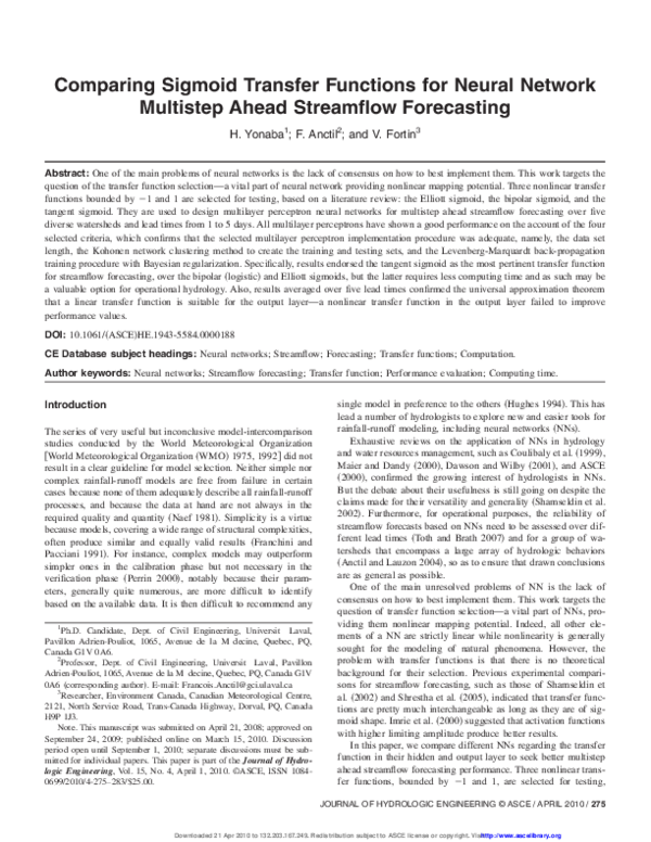 (PDF) Comparing sigmoid transfer functions for neural network multistep ahead streamflow forecasting