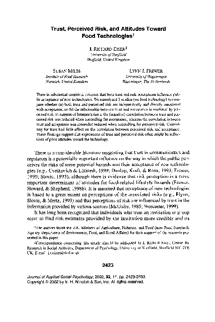 (PDF) Trust, Perceived Risk, and Attitudes Toward Food Technologies