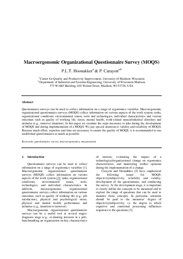 (PDF) Macroergonomic Organizational Questionnaire Survey (MOQS) | Peter ...