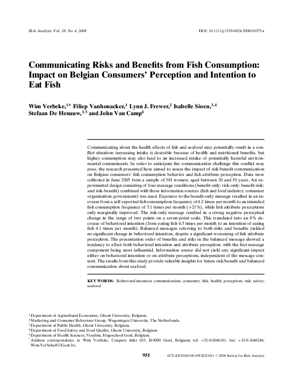 (PDF) Communicating Risks and Benefits from Fish Consumption: Impact on ...