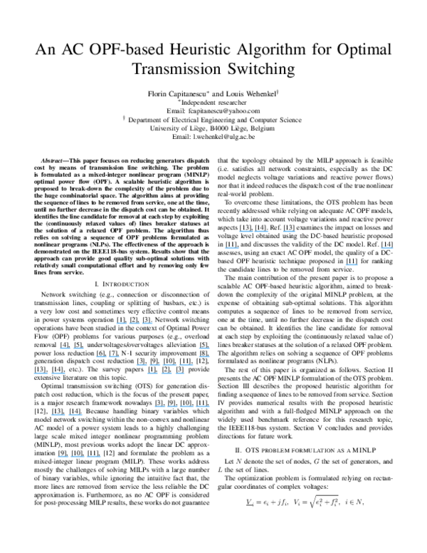 Pdf An Ac Opf Based Heuristic Algorithm For Optimal Transmission Switching 