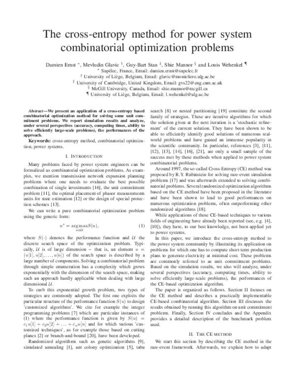 Pdf The Cross Entropy Method For Power System Combinatorial Optimization Problems