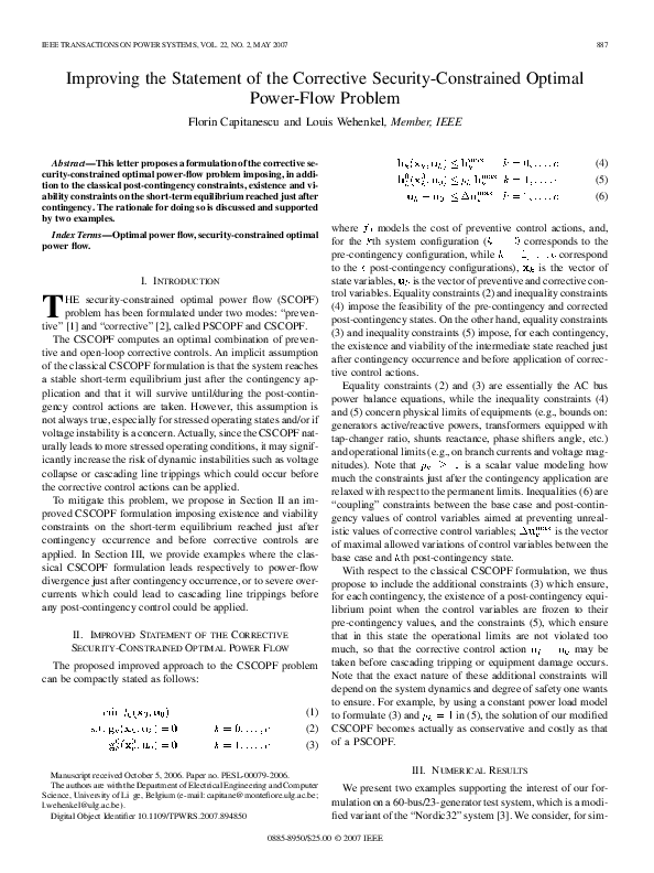 (PDF) Improving the statement of the corrective security-constrained optimal power flow problem
