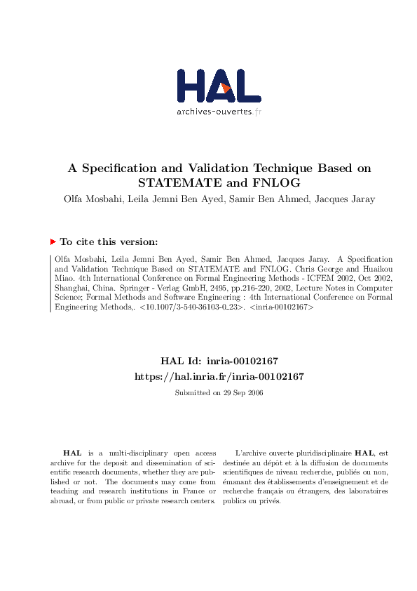 Pdf A Specification And Validation Technique Based On Statemate And Fnlog