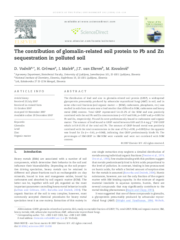 (PDF) The contribution of glomalin-related soil protein to Pb and Zn sequestration in polluted soil