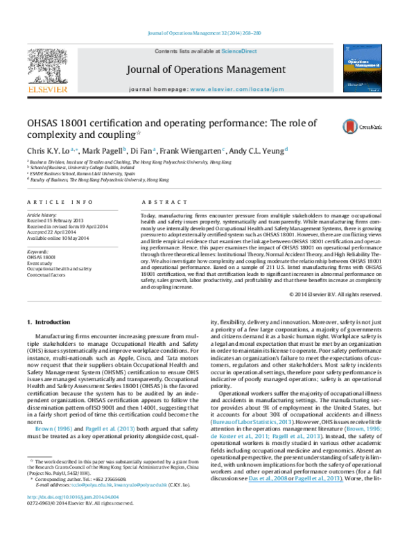 (PDF) OHSAS 18001 Certification and Operating Performance: The Role of ...