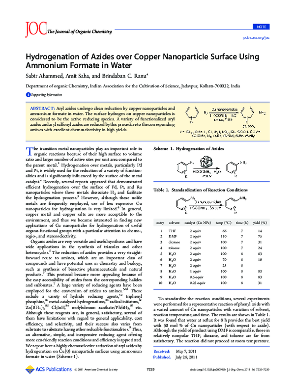 (PDF) Hydrogenation of Azides over Copper Nanoparticle Surface Using Ammonium Formate in Water