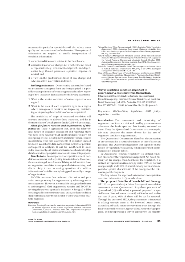 (PDF) Neldner John (2006). Why is vegetation condition important to ...