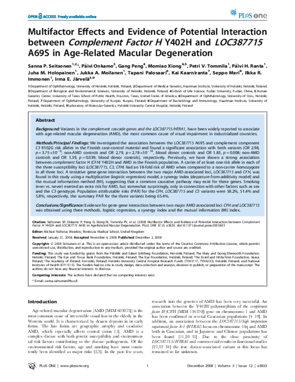 (PDF) Multifactor Effects and Evidence of Potential Interaction between Complement Factor H ...