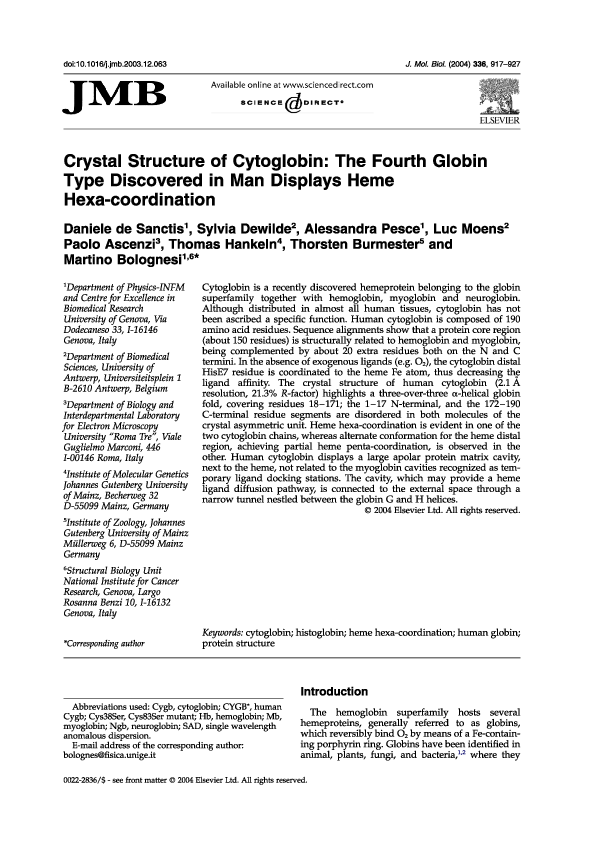 (PDF) Crystal Structure of Cytoglobin: The Fourth Globin Type ...