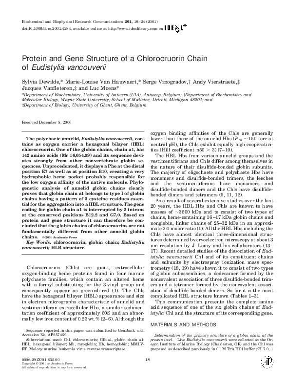 (PDF) Protein and Gene Structure of a Chlorocruorin Chain of Eudistylia ...