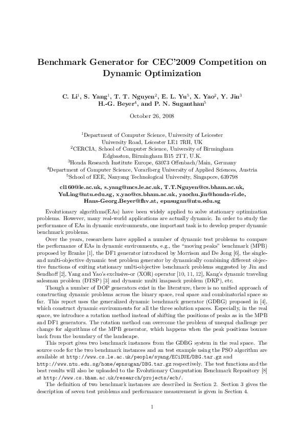 (PDF) Benchmark Generator for CEC'2009 Competition on Dynamic Optimization