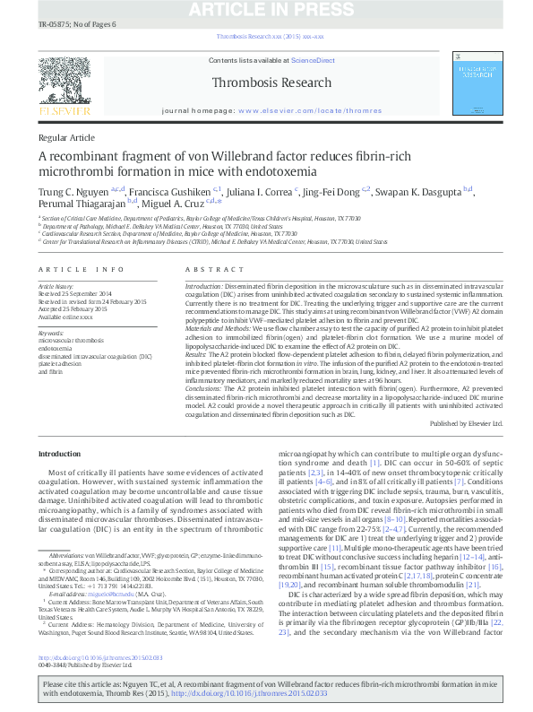 (PDF) A recombinant fragment of von Willebrand factor reduces fibrin ...