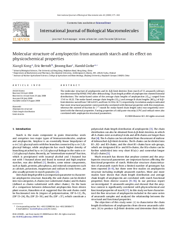 (PDF) Molecular structure of amylopectin from amaranth starch and its effect on physicochemical ...