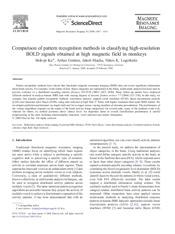 (PDF) Comparison of pattern recognition methods in classifying high-resolution BOLD signals ...