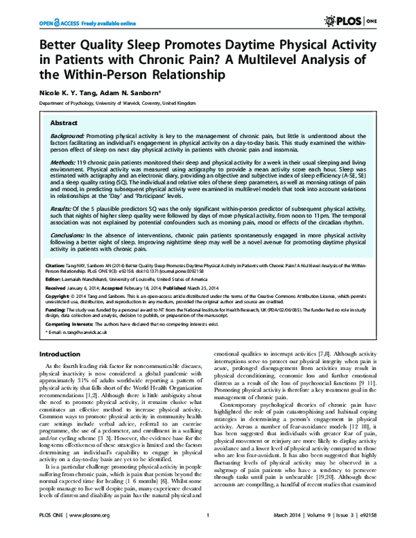 (PDF) Better Quality Sleep Promotes Daytime Physical Activity in ... (PDF) Better Quality Sleep Promotes Daytime Physical Activity in ...