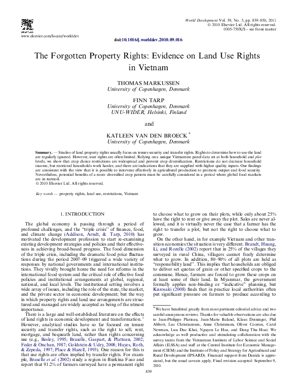 (PDF) The Forgotten Property Rights: Evidence on Land Use Rights in Vietnam