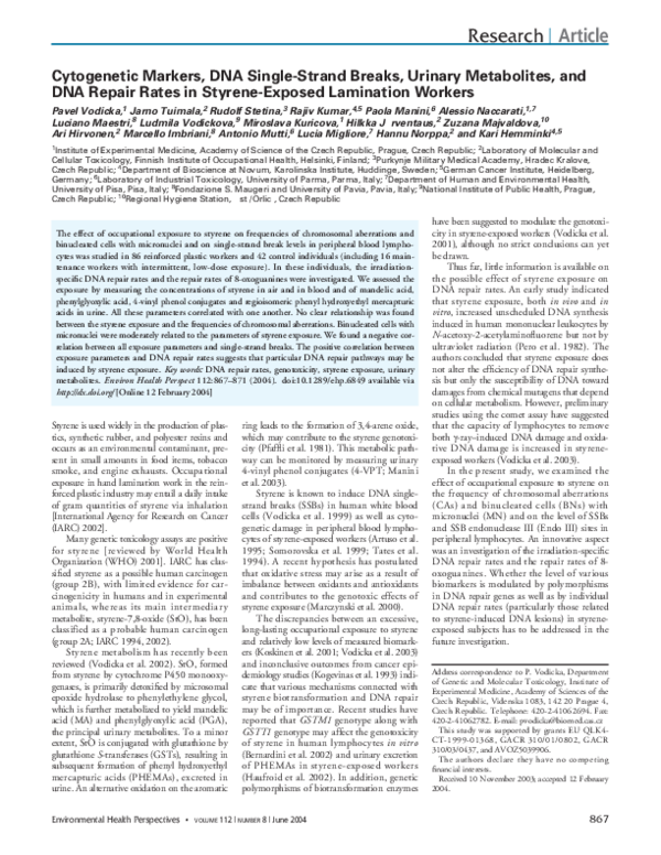 (PDF) Cytogenetic Markers, DNA Single-Strand Breaks, Urinary ...