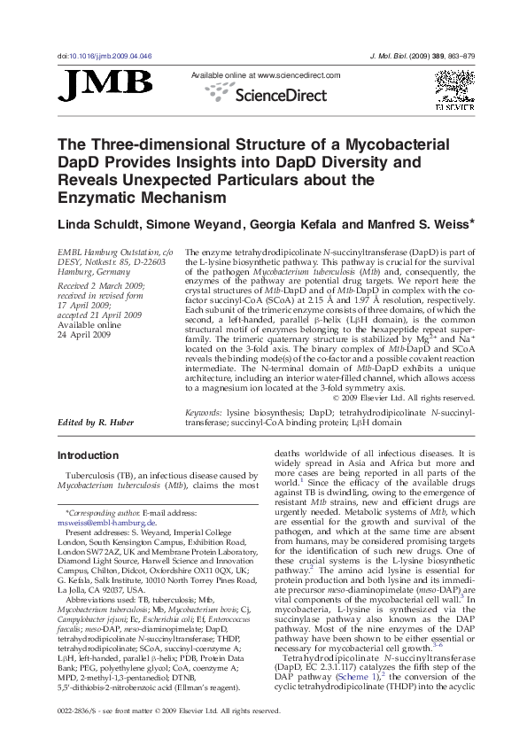 (PDF) The Three-dimensional Structure of a Mycobacterial DapD Provides ...