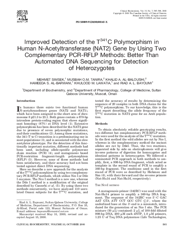 (PDF) Improved detection of the T341C polymorphism in human N ...