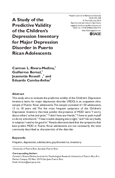 (PDF) A study of the predictive validity of the Child Depression Inventory items for Major ...