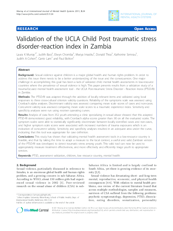 (PDF) Validation of the UCLA Child Post traumatic stress disorder ...