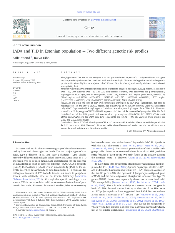 (PDF) LADA and T1D in Estonian population — Two different genetic risk ...