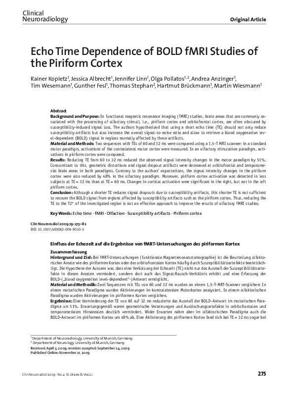 (PDF) Echo Time Dependence of BOLD fMRI Studies of the Piriform Cortex ...
