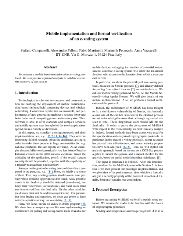 (PDF) Mobile Implementation and Formal Verification of an e-Voting System